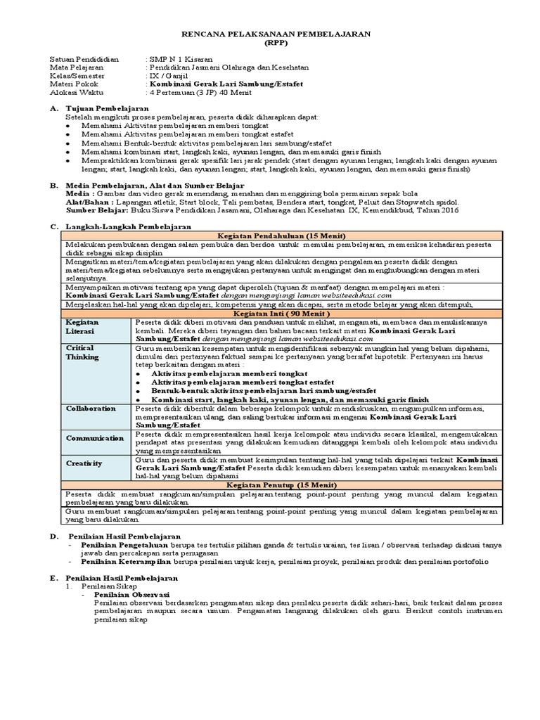 RPP 1 Lembar Pjok Kelas 9 - Lari Sambung | PDF