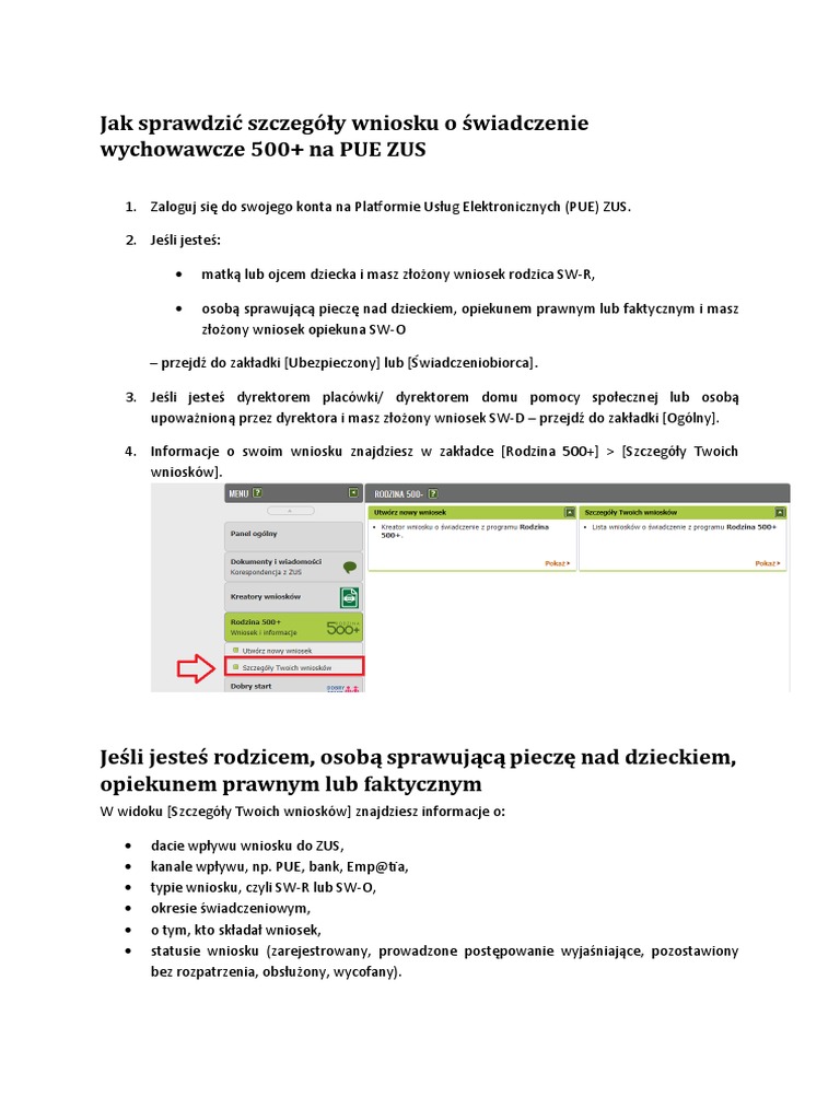 Jak Sprawdzić Szczegóły Wniosku o Świadczenie Wychowawcze 500+ Na PUE ZUS | PDF
