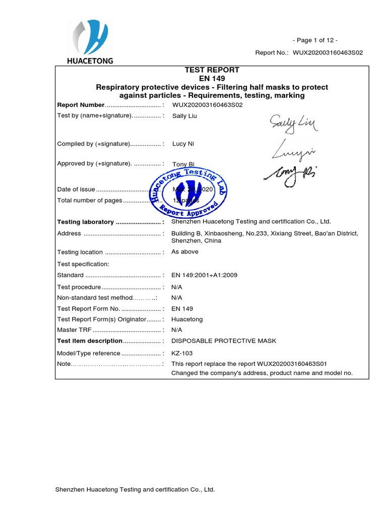 Comprehensive Test Report for Disposable Protective Masks' Compliance ...