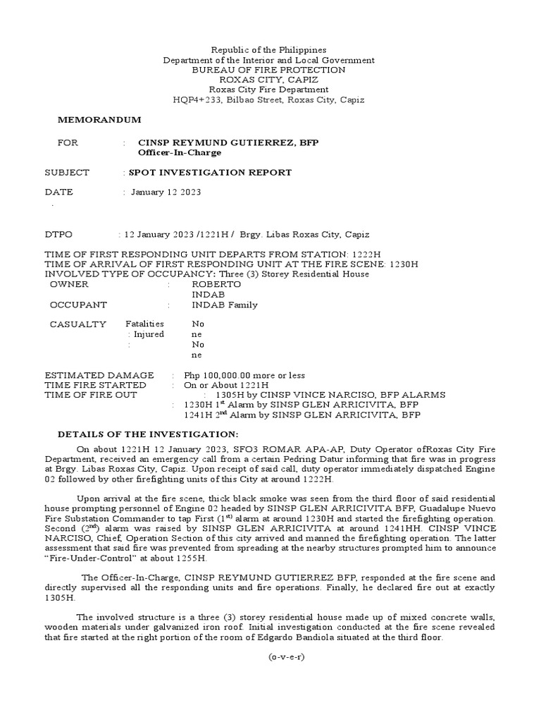 Spot Investigation Report BFP | PDF