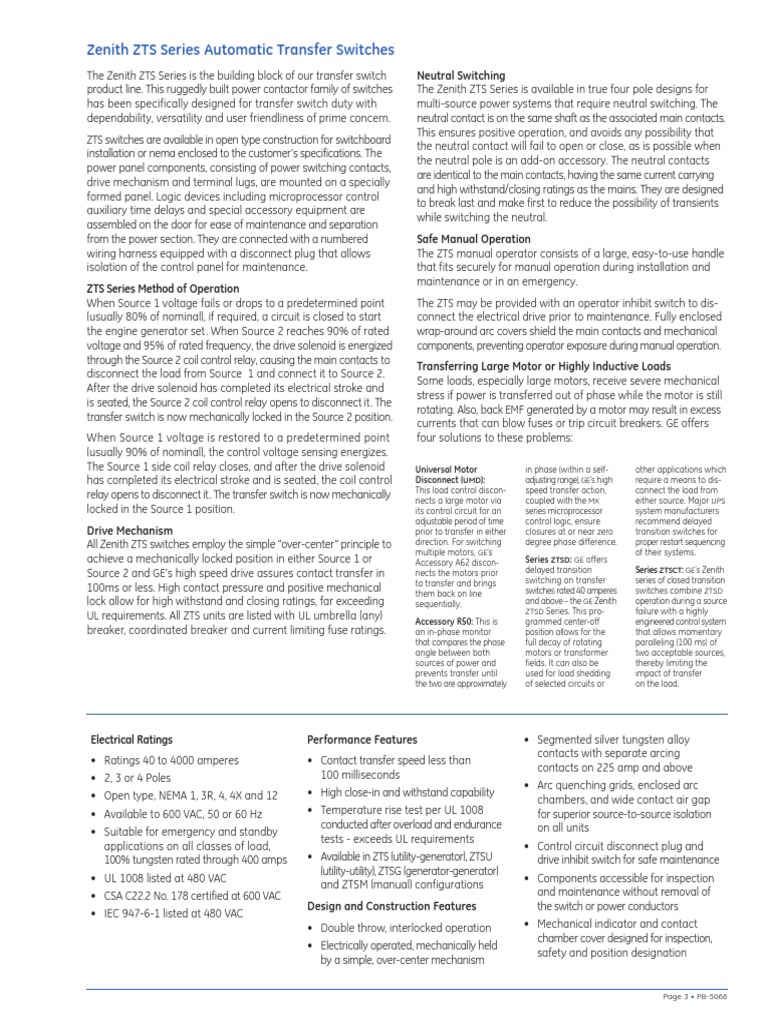Zenith ZTS Series Automatic Transfer Switches: Neutral Switching | PDF ...