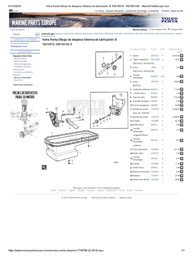 Volvo Penta Dibujo de Despiece Sistema de Lubricación - B TAD1631G ...