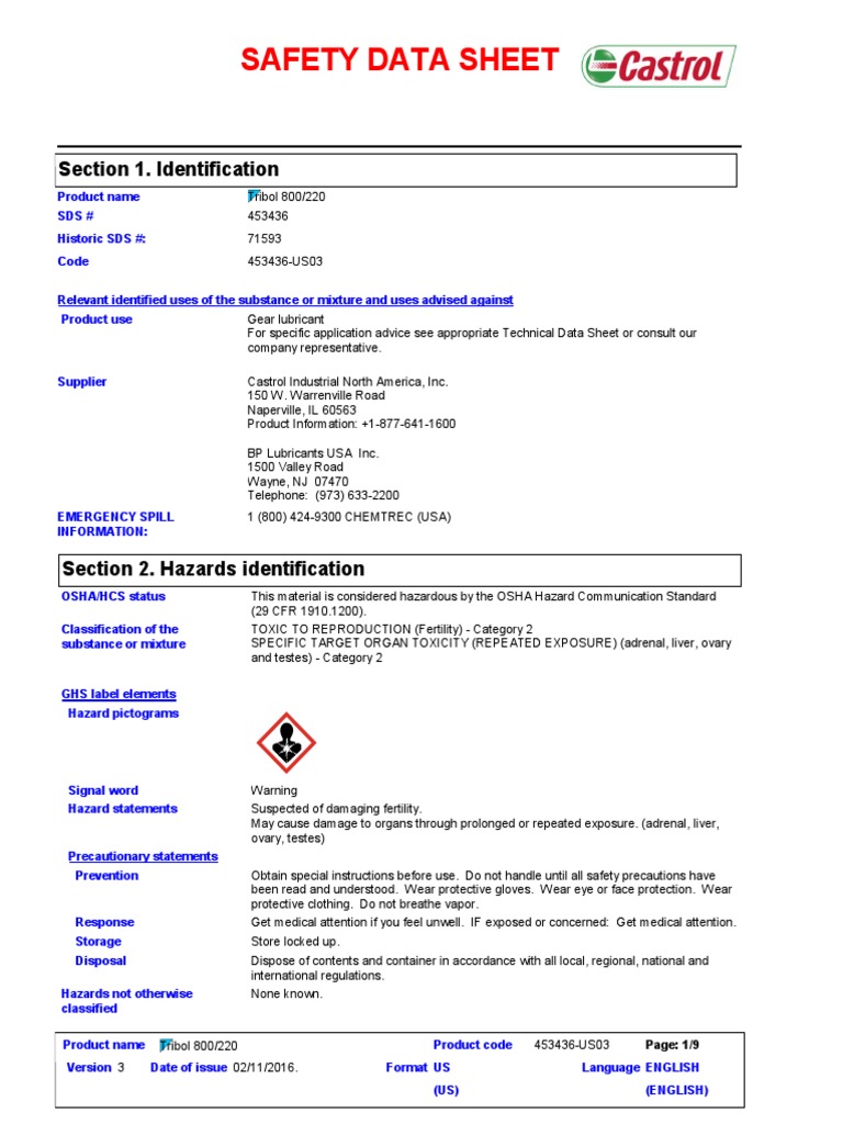 Castrol Tribol 800/220 Safety Data Sheet | PDF | Personal Protective ...