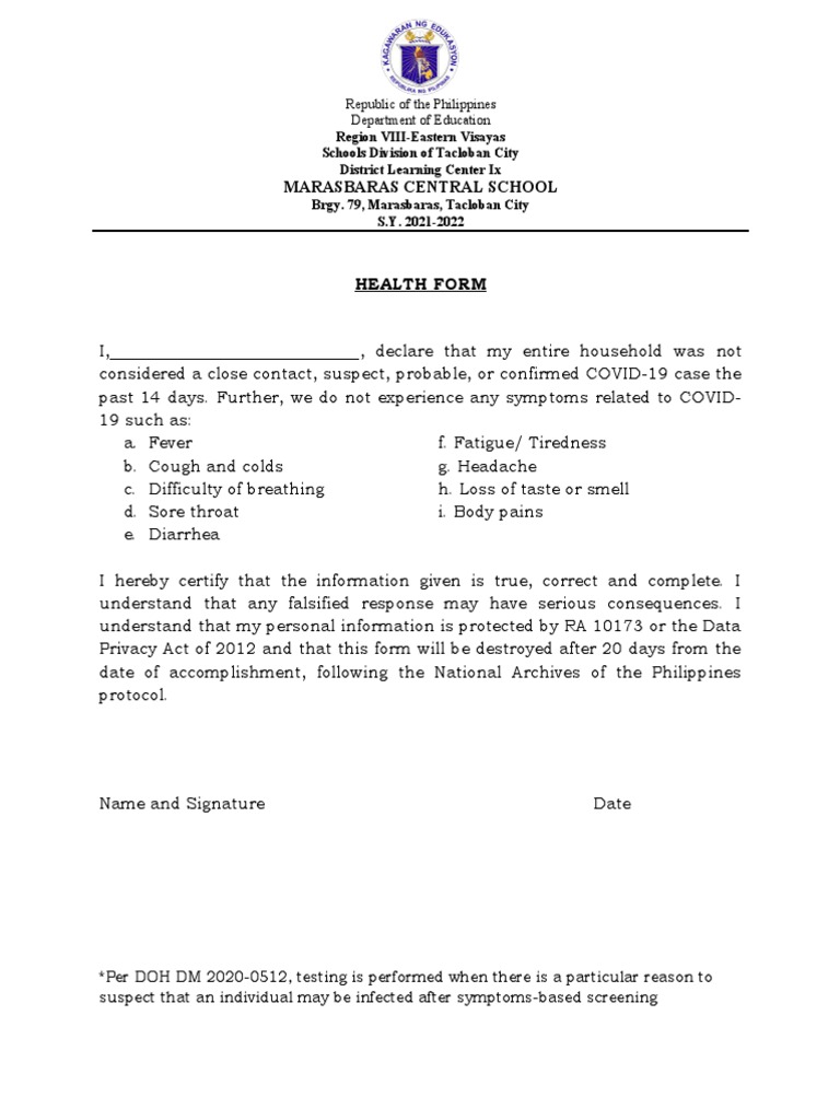 Annex G - Sample Health Form | PDF