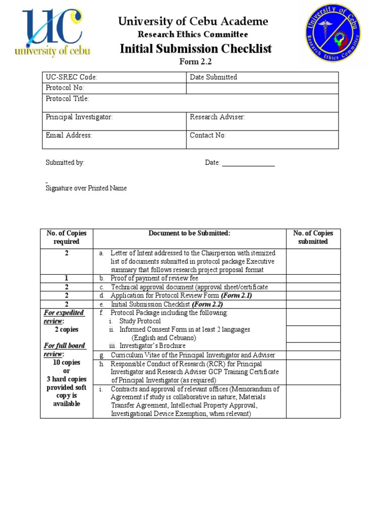 Form 2.2 Initial Submission Checklist | PDF Form 2.2 Initial Submission Checklist | PDF