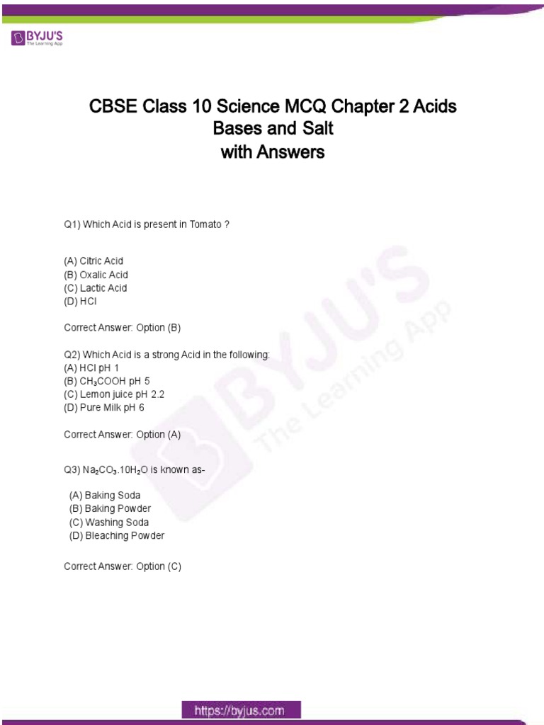 CBSE Class 10 Science MCQ Chapter 2 Acids Bases and Salt | PDF | Acid | Hydrochloric Acid