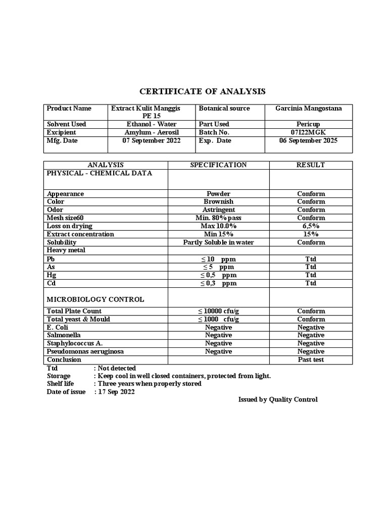 Certificate Analysis Kulit Manggis | PDF | Chemistry | Chemical Substances