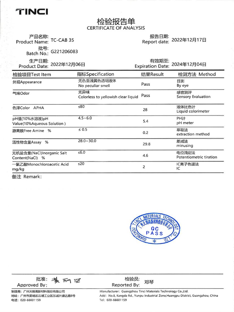 TC Cab 35 Capb Tinci (Cocoamidopropyl) Betaine - Batch No. g221206083 | PDF