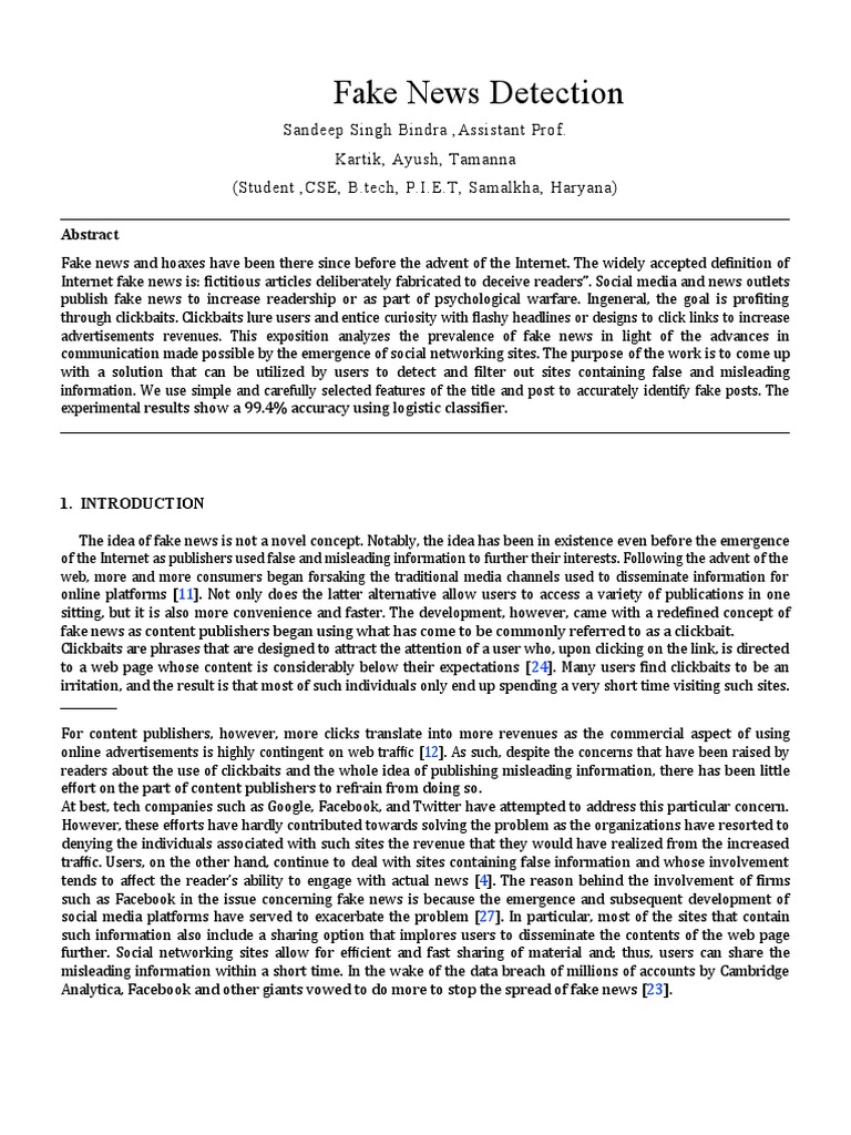 Fake News Detection Research Paper Pdf Facebook Statistical Classification