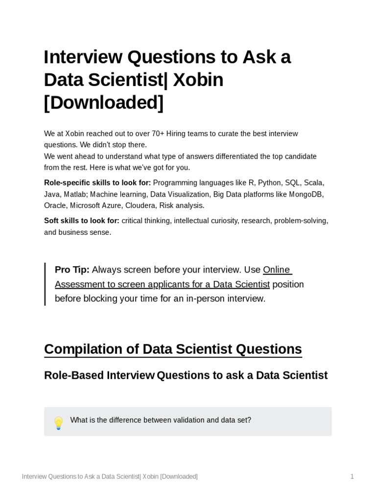 Interview Questions To Ask A Data Scientist Xobin Downloaded | PDF | Machine Learning | Data