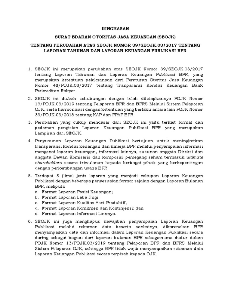 2019 - SE OJK 16 - Lap. Tahunan Dan Lap. Keu Publikasi BPR (Ringkasan) | PDF