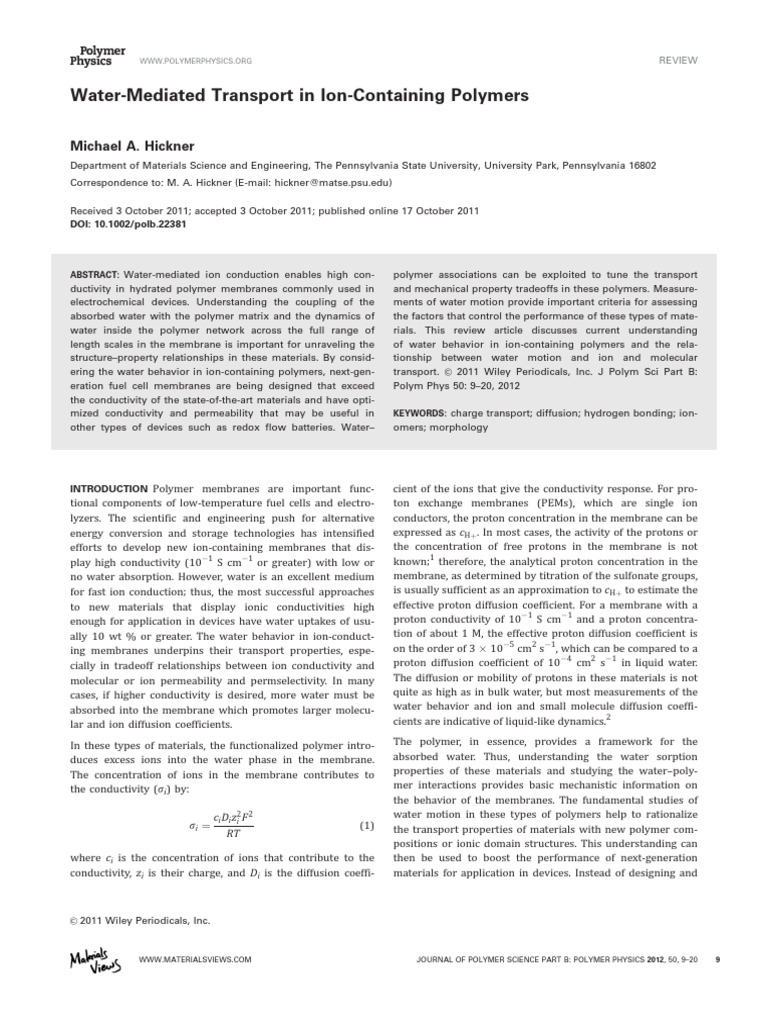 J Polym Sci B Polym Phys - 2011 - Hickner - Water Mediated Transport in Ion Containing Polymers ...