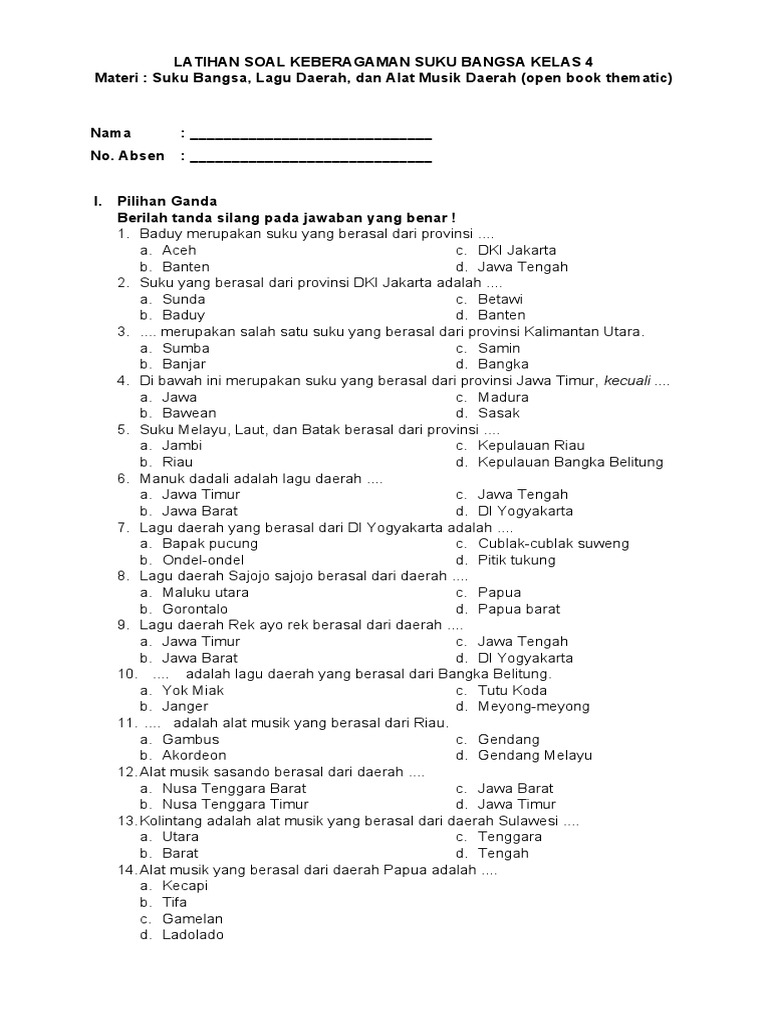 (Senin) LATIHAN SOAL KEBERAGAMAN SUKU BANGSA KELAS 4 | PDF
