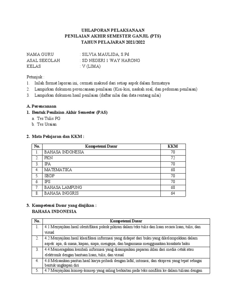 Laporan Pelaksanaan PTS Dan Pas Ganjil Silvia | PDF