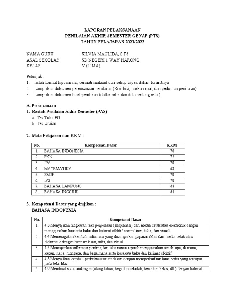 Laporan Pelaksanaan PTS Dan Pas Genap Silvia | PDF