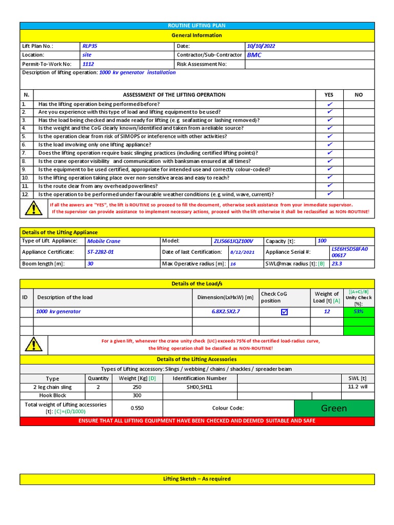 Routine Lifting Plan for Generator Installation | PDF | Crane (Machine ...