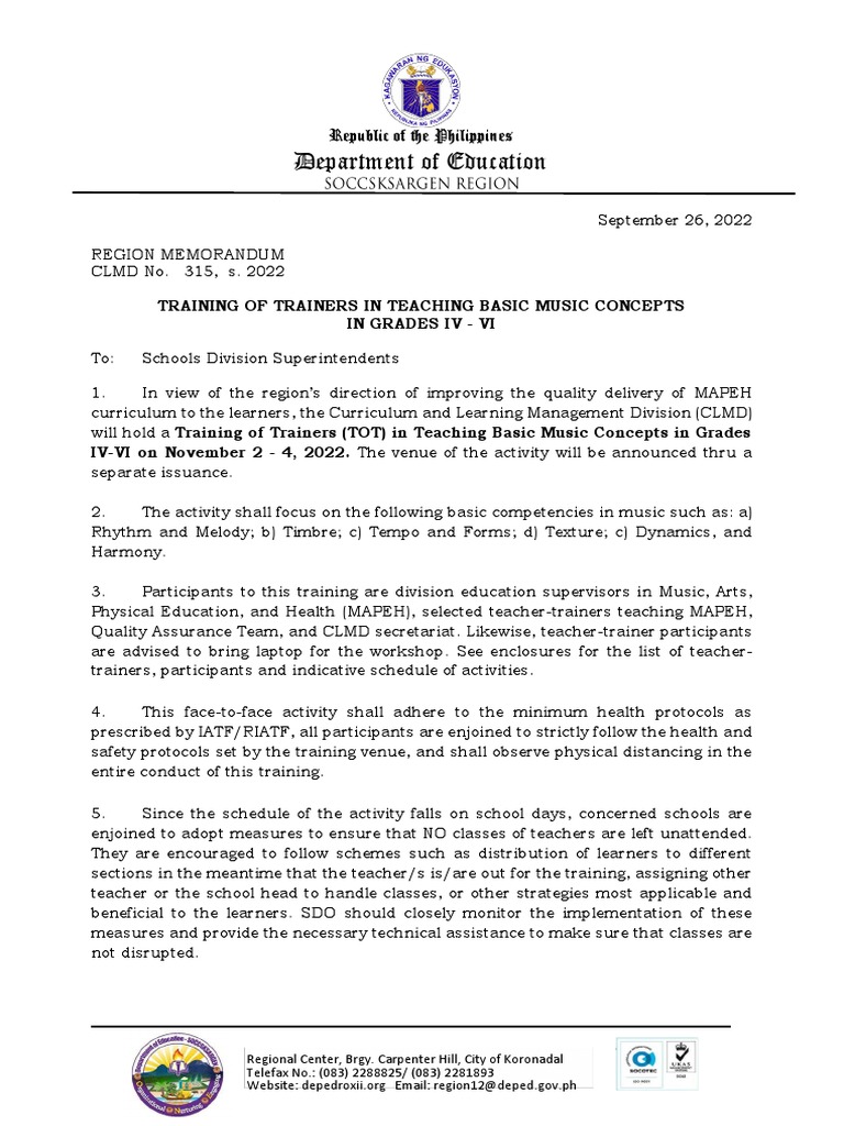 Region Memorandum CLMD 315 TRAINING OF TRAINERS IN TEACHING BASIC MUSIC ...