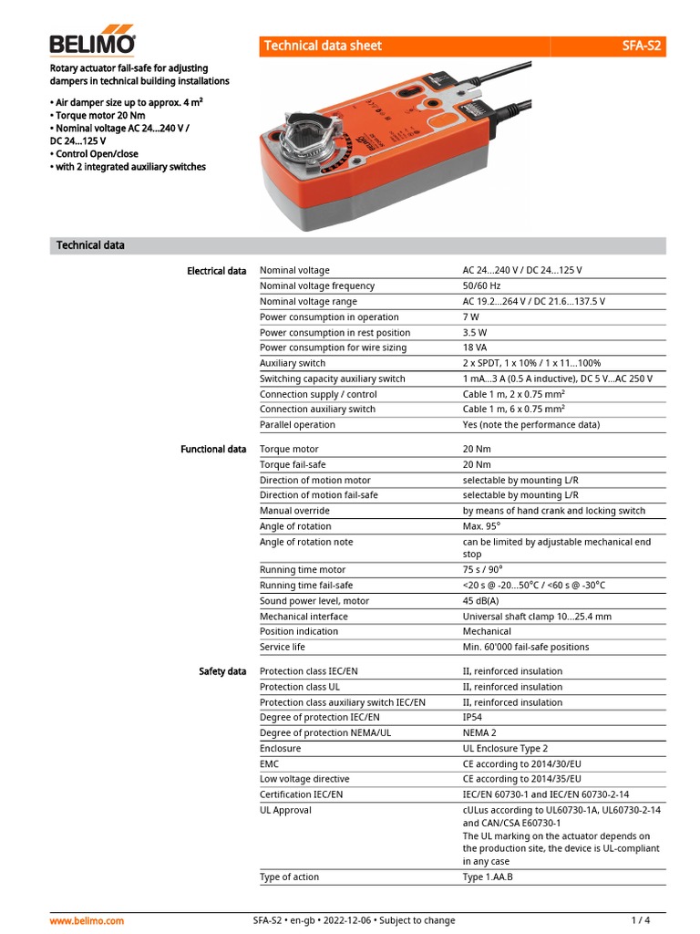 Belimo SFA-S2 Actuator Technical Data | PDF | Power Supply | Electric Motor