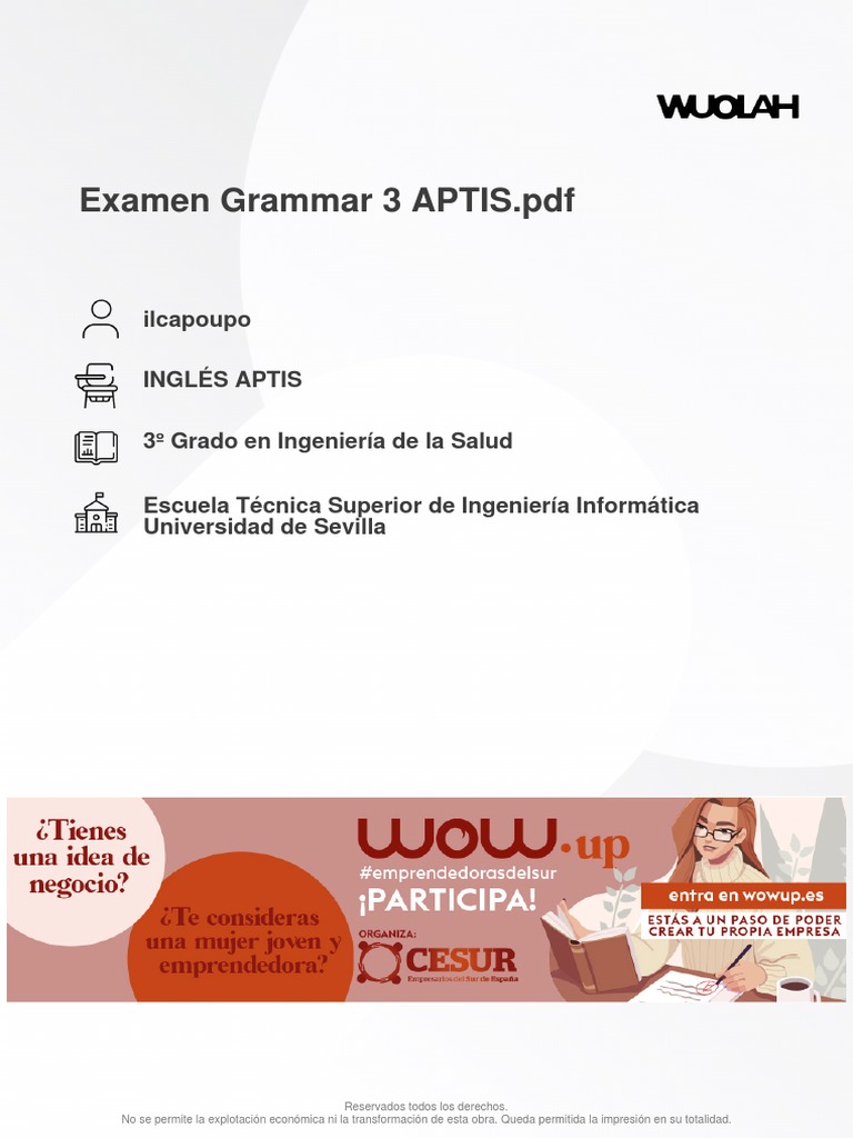 Examen Grammar 3 APTIS | PDF