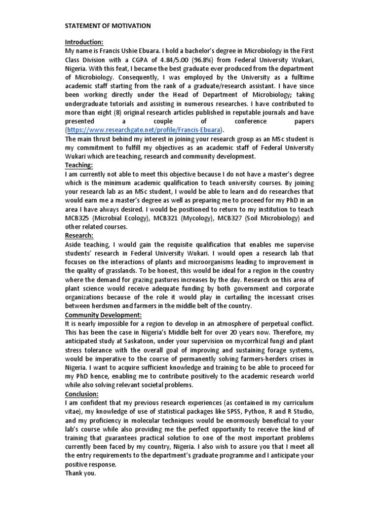 EBUARA, F.U. Statement of Motivation.. | PDF | Master's Degree ...