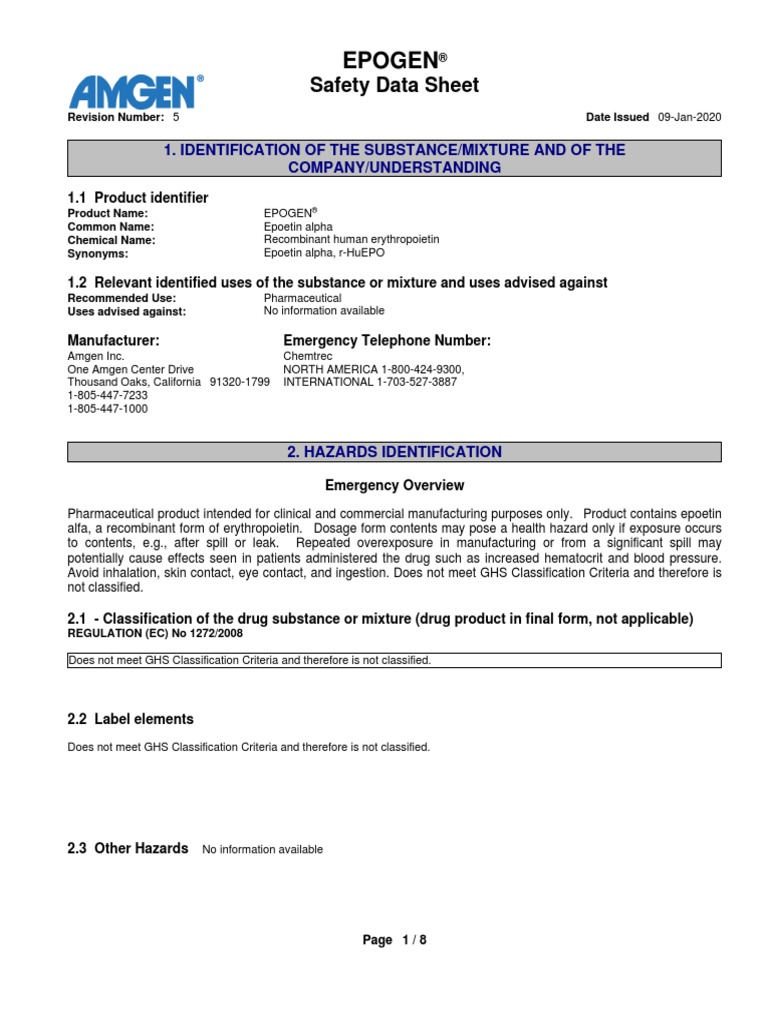 Epogen Safety Data Sheet 20130213 Rev 4 | PDF | Personal Protective ...