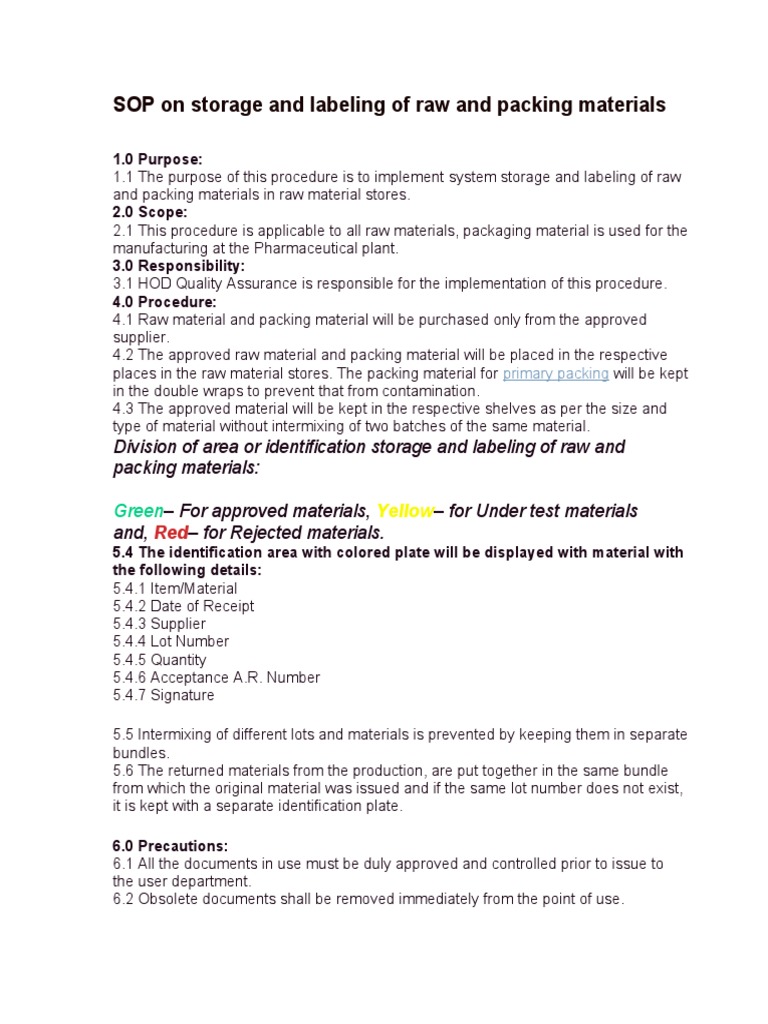 SOP On Storage and Labeling of Raw and Packing Materials | PDF