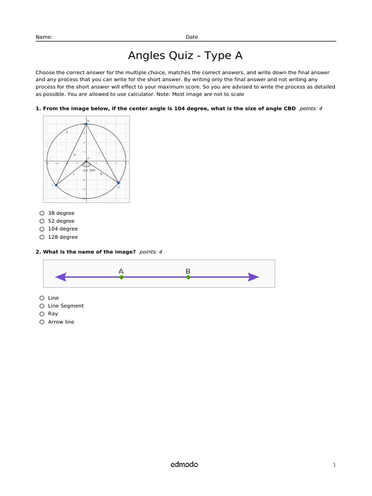 Angles Quiz - Type A 2022 | PDF | Triangle | Angle