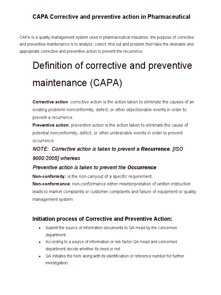 CAPA Corrective and Preventive Action in Pharmaceutical | PDF
