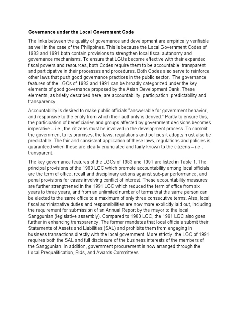 Governance Under The Local Government Code | PDF | Governance | Good ...