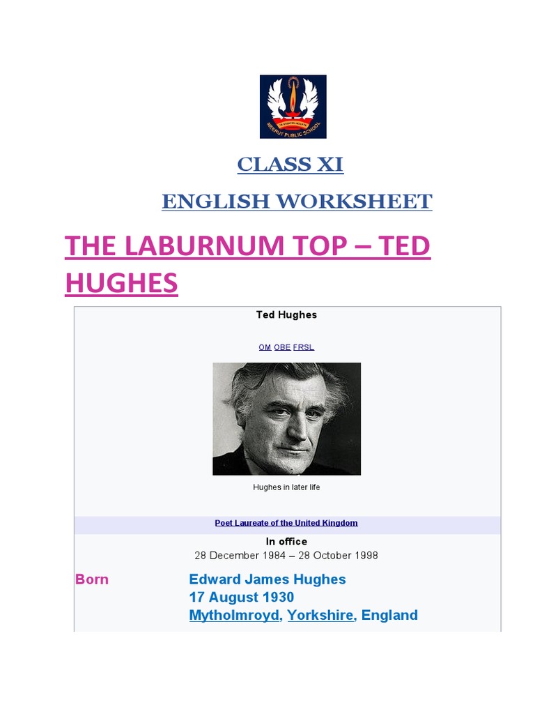 Class XI English Worksheet - The Laburnum Top by Ted Hughes | PDF