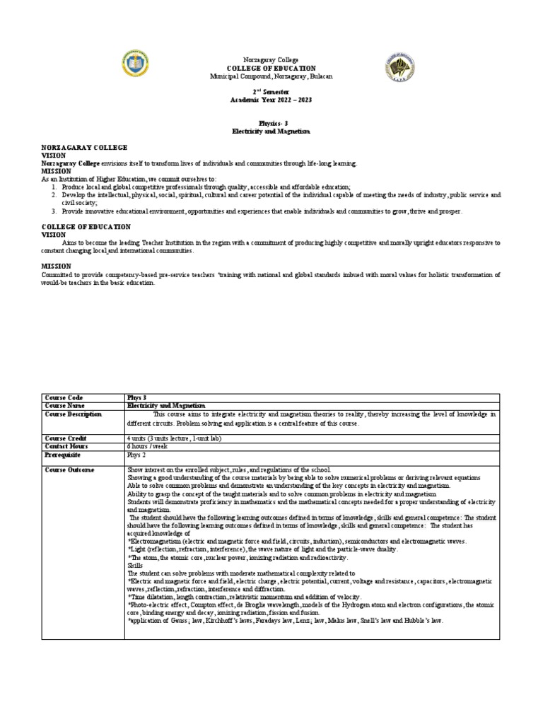 Syllabus Phys 3 CHED New Normal | PDF | Electricity | Waves Syllabus Phys 3 CHED New Normal | PDF | Electricity | Waves