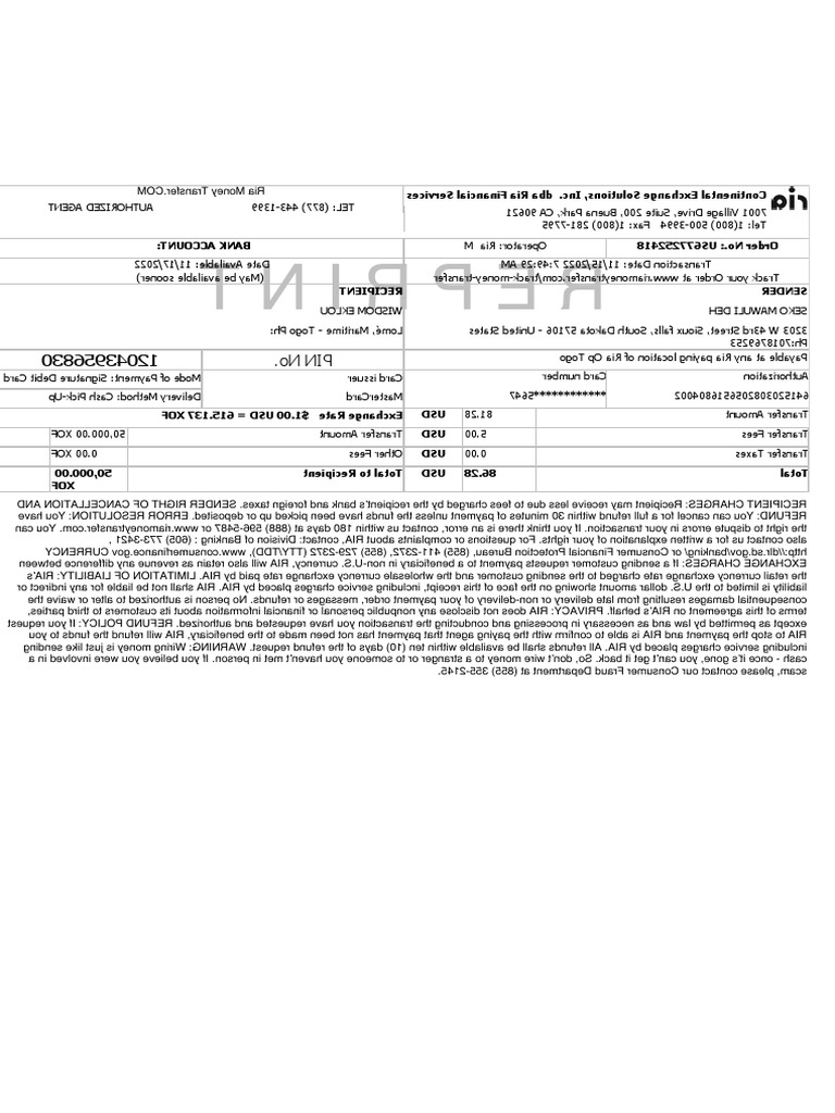 Ria Order Receipt US677252418 | PDF