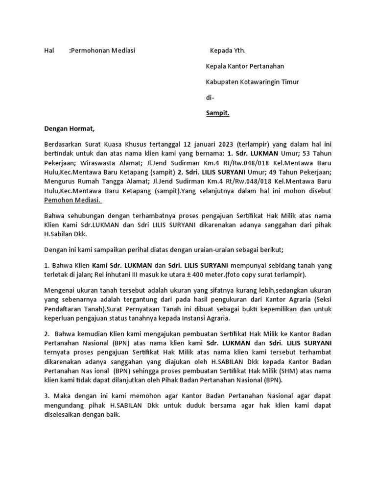Surat Permohonan Mediasi BPN | PDF