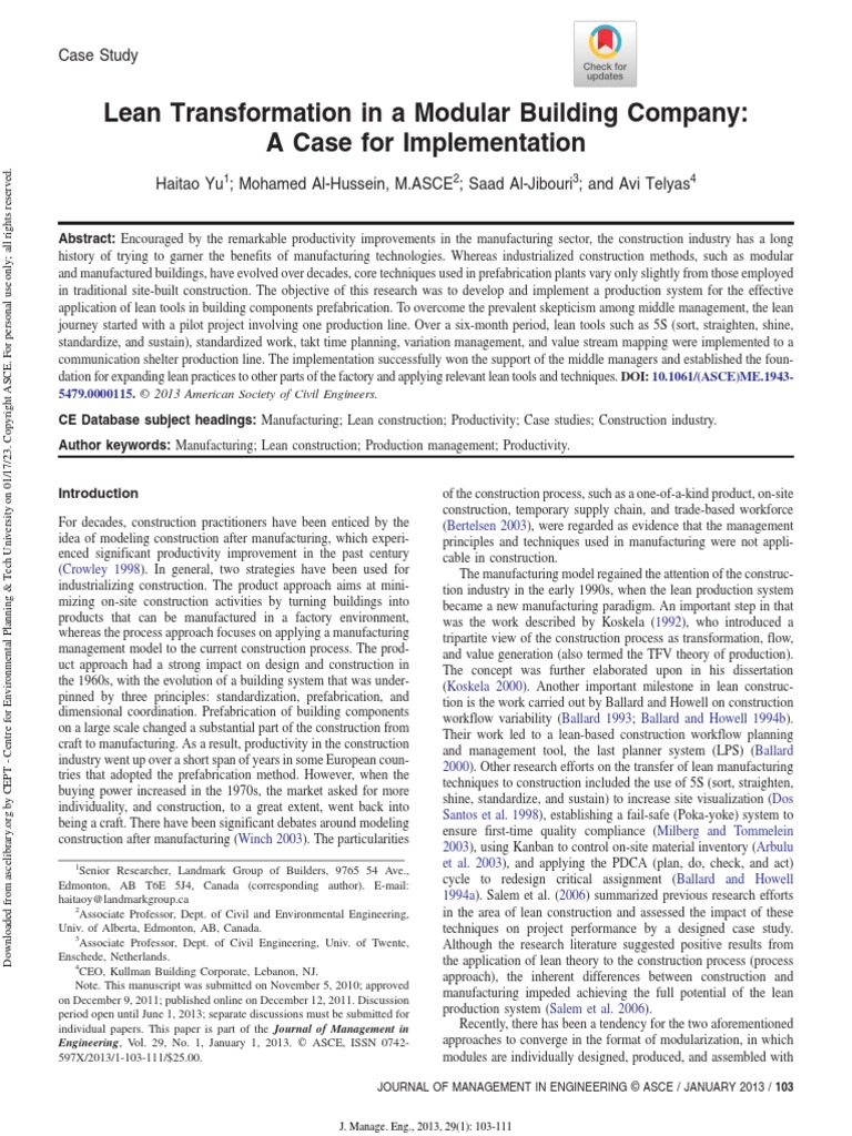 (Haitao Et Al 2013) Lean Transformation in A Modular Building Company A Case For Implementation ...