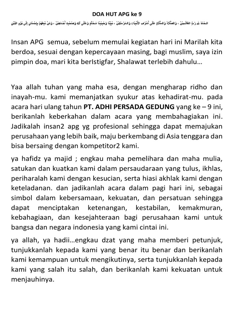 Doa HUT Ke 9 | PDF