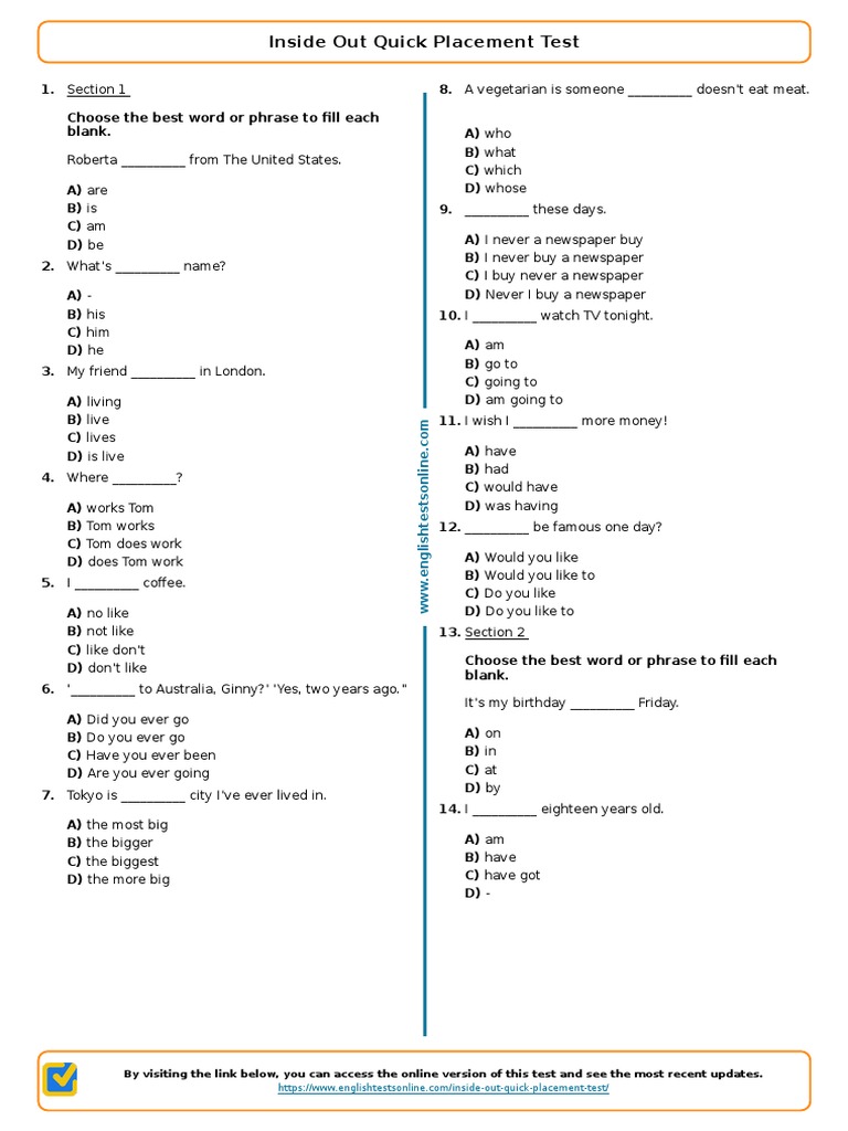 Inside Out Quick Placement Test | PDF