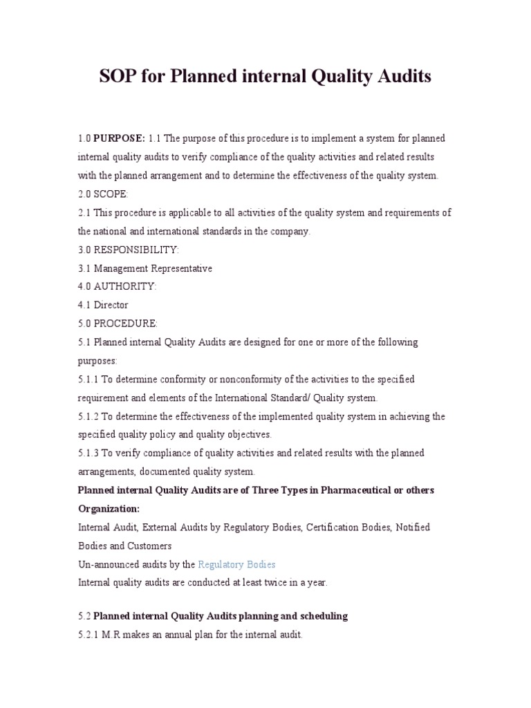Internal Quality Audit SOP for Pharma | PDF | Audit | Auditor's Report