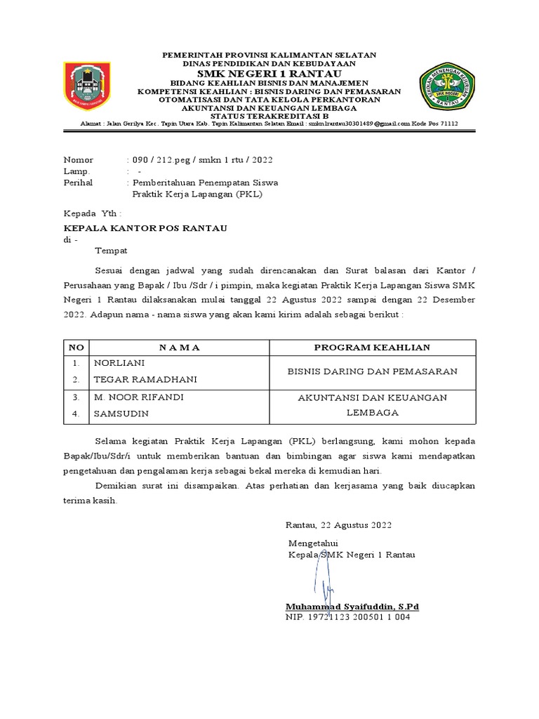 Surat PKL 2022 Siswa (Revisi) | PDF