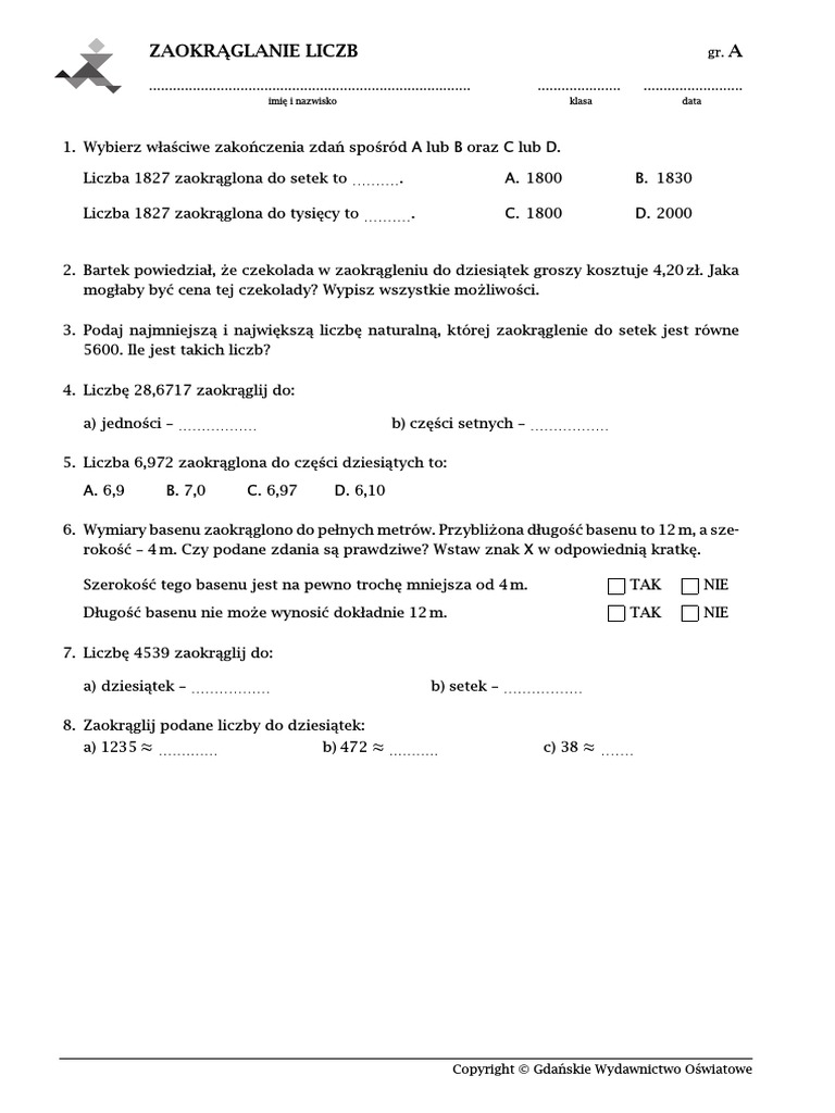 Klasa 6. Liczby Na Co Dzien ZAOKRAGLANIE LICZB | PDF