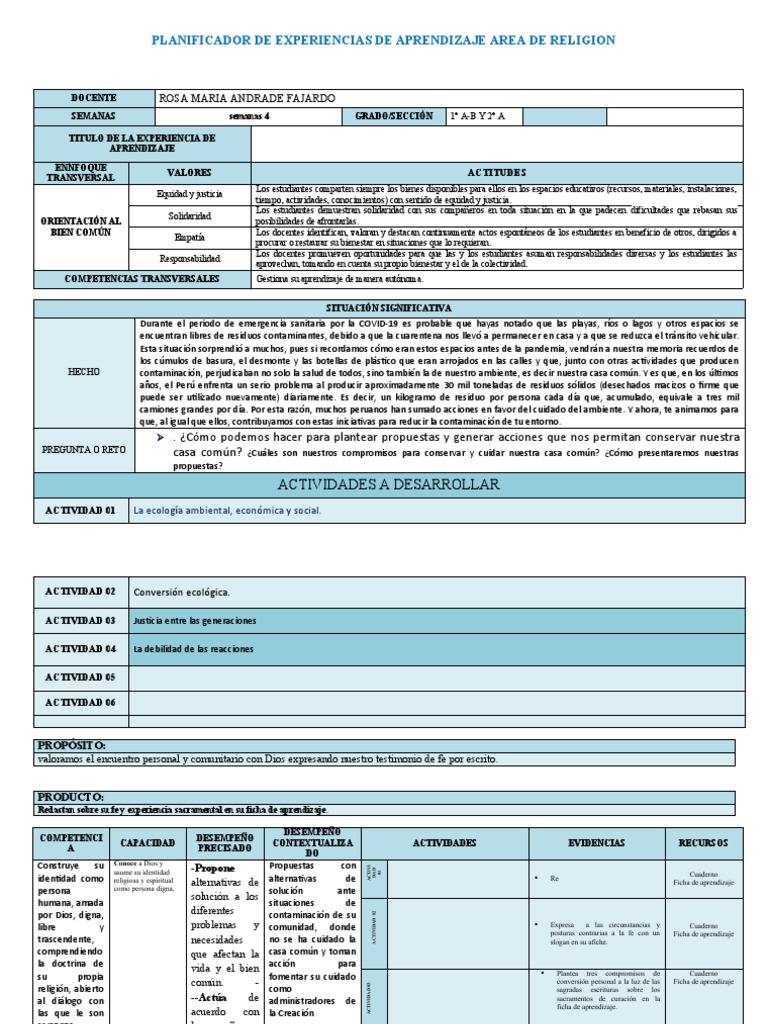 Planificador Experiencia de Aprendizaje 1° y 2° Relig Iv Bim | PDF | Fe | Residuos