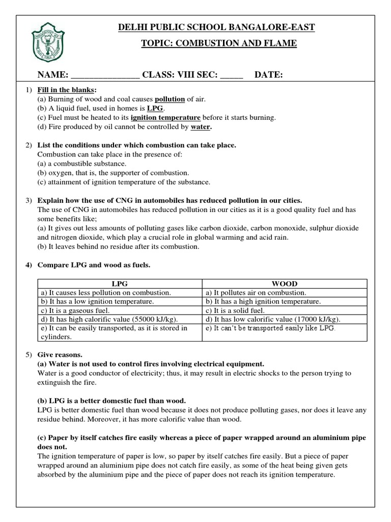 NAME: - CLASS: VIII SEC: - DATE:: Delhi Public School Bangalore-East Topic: Combustion and Flame ...