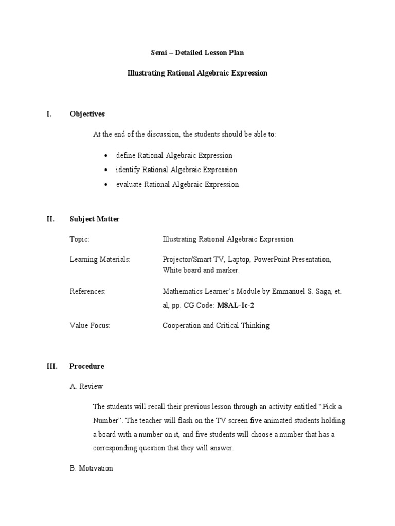 Rational Algebraic Expressions Lesson Plan | PDF | Teachers | Lesson Plan Rational Algebraic Expressions Lesson Plan | PDF | Teachers | Lesson Plan