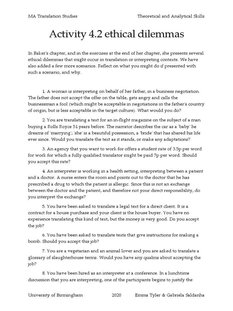 Activity 4.2 Ethical Dilemmas | PDF | Translations