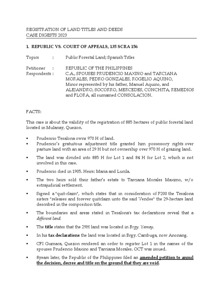 Case Digests - REGISTRATION OF LAND TITLES AND DEEDS | PDF | Mortgage ...