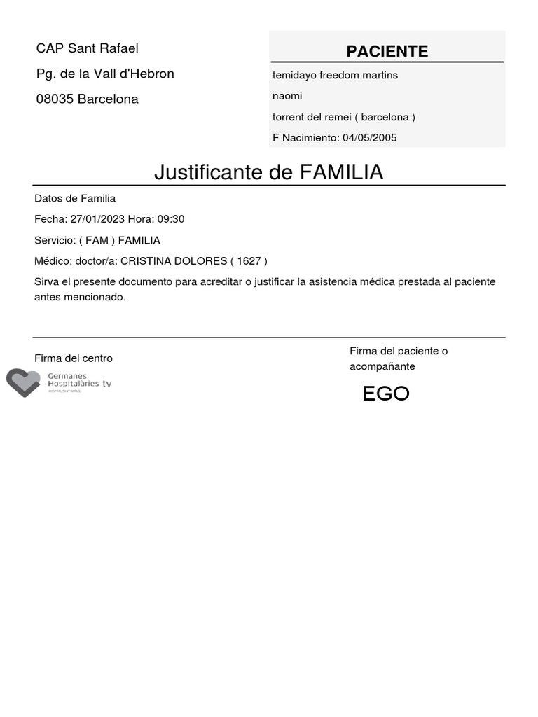 Justificante médico familiar para Temidayo Freedom Martins | PDF
