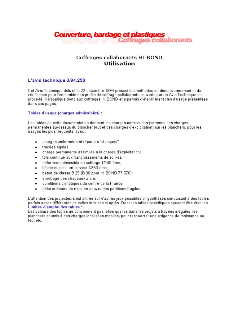 Coffrages HI BOND: Tables et Calculs | PDF | Secteur secondaire de l ...