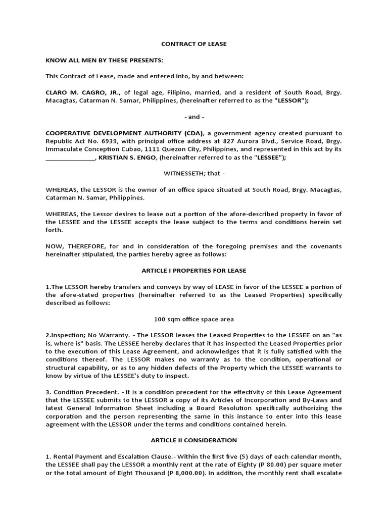 COOPERATIVE DEVELOPMENT AUTHORITY (CDA) Kristian S Engo | PDF | Lease ...