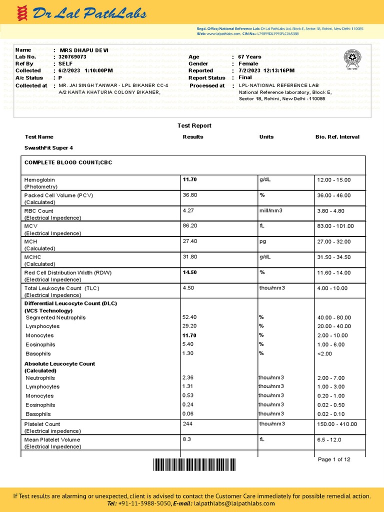 Health Report for Mrs. Dhapu Devi | PDF | Glycated Hemoglobin | Low ...