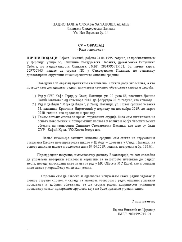 CV Obrazac - B. N. | PDF