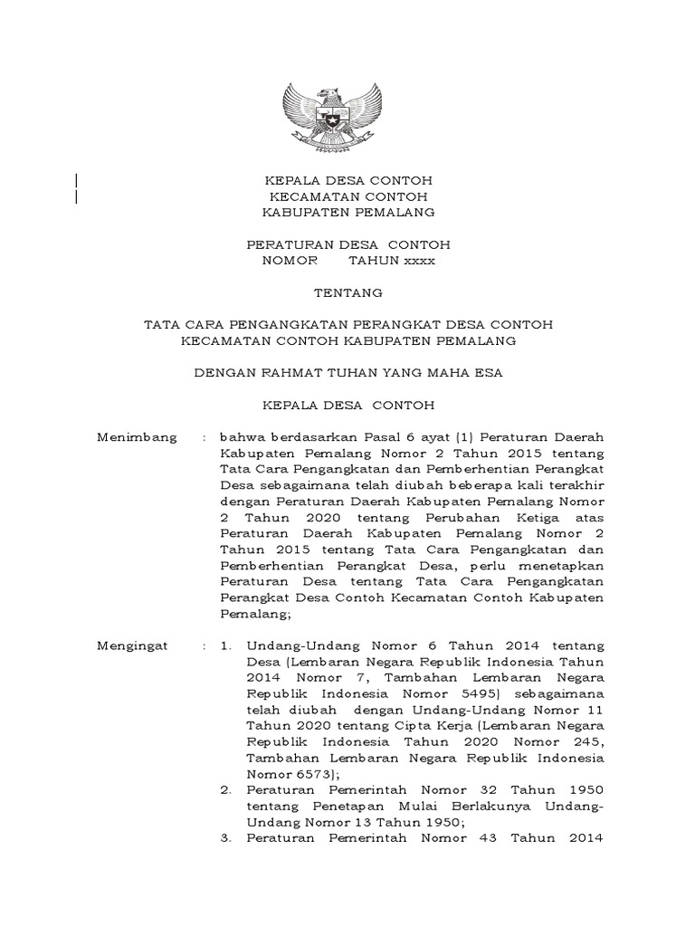 Contoh Perdes TTG Tata Cara Pengangkatan Perangkat Desa Desa 2021 - Sesuai Perbup Baru (1 ...